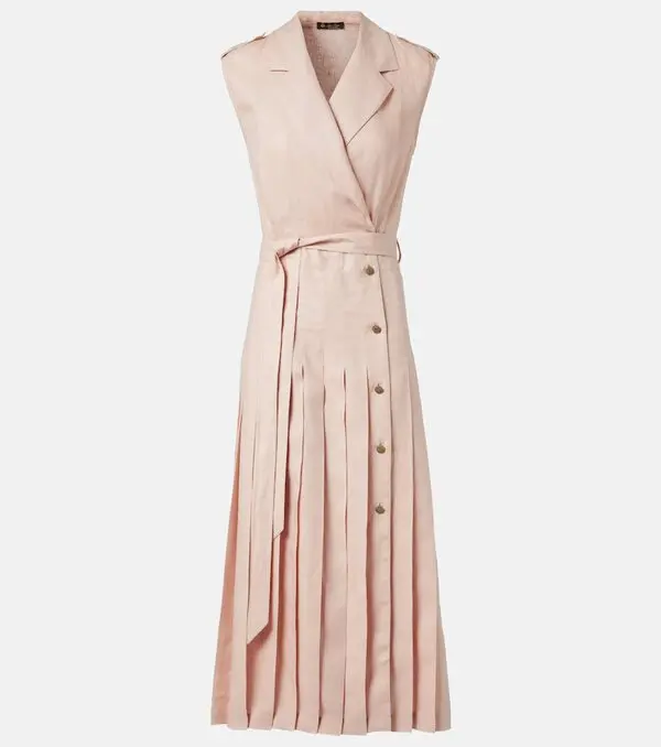 Loro Piana Bryce Pleated Linen Midi Dress - Pink