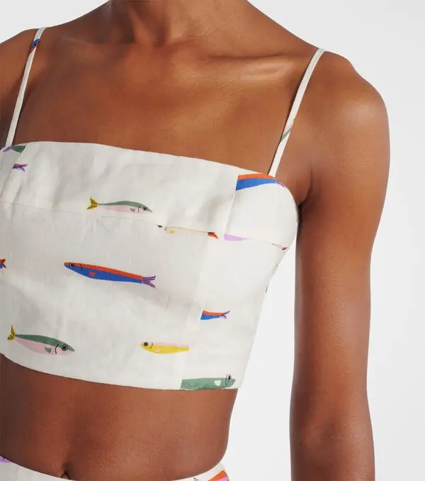 Staud Federico Printed Linen Crop Top - White