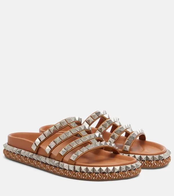 CHRISTIAN LOUBOUTIN Pyra Hallulila Studded Leather Slides - Brown