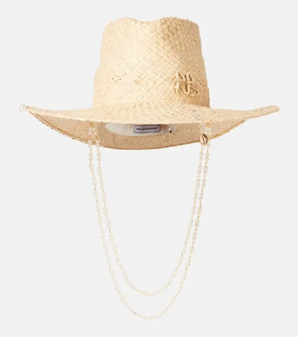 Ruslan Baginskiy Logo Faux Pearl-embellished Straw Fedora - Beige