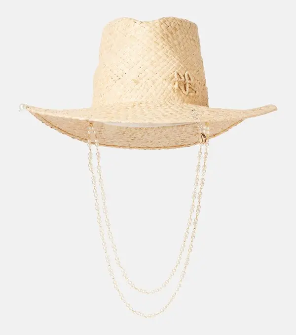 Ruslan Baginskiy Logo Faux Pearl-embellished Straw Fedora - Beige