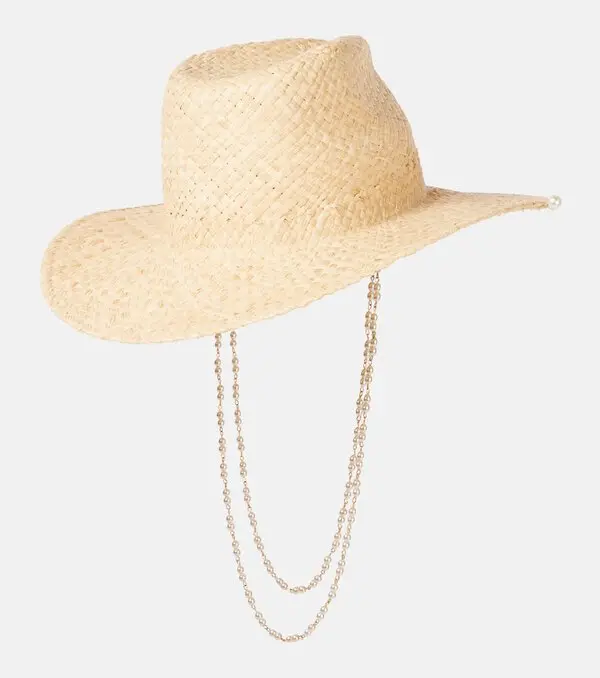 Ruslan Baginskiy Logo Faux Pearl-embellished Straw Fedora - Beige