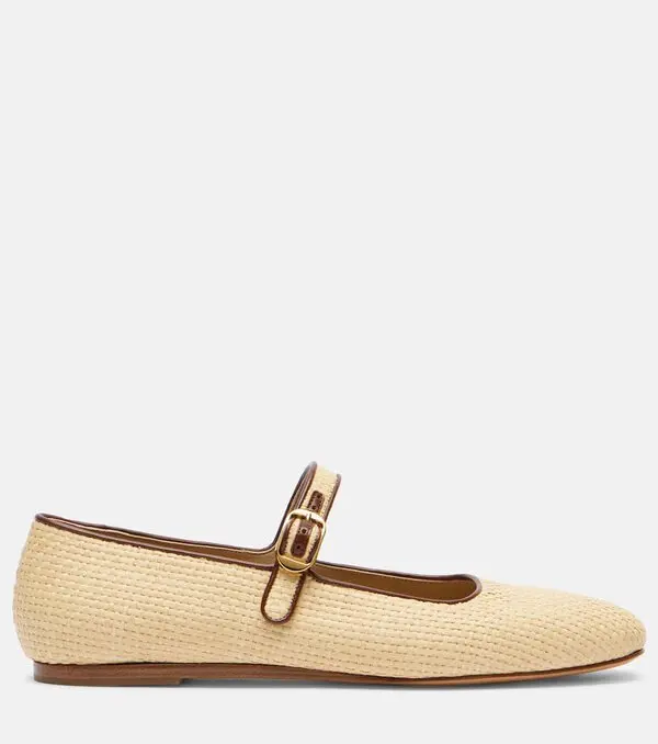 Le Monde Beryl Leather-trimmed Raffia Mary Jane Flats