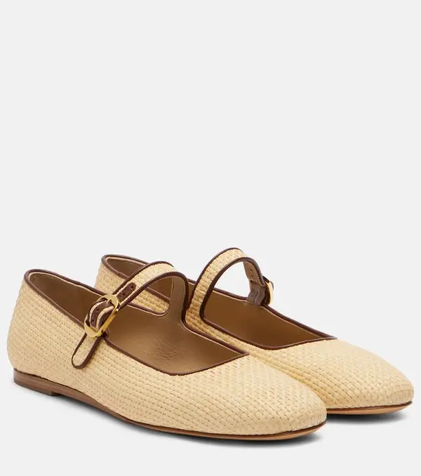 Le Monde Beryl Leather-trimmed Raffia Mary Jane Flats - Beige