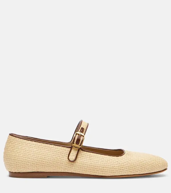 Le Monde Beryl Leather-trimmed Raffia Mary Jane Flats - Beige