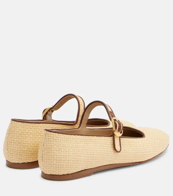 Le Monde Beryl Raffia Mary Jane Flats With Leather Trim - Beige