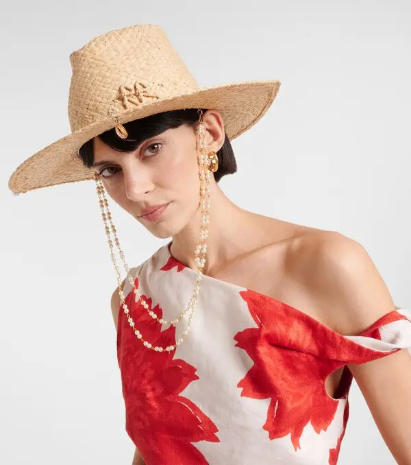 Ruslan Baginskiy Logo Faux Pearl-embellished Straw Fedora