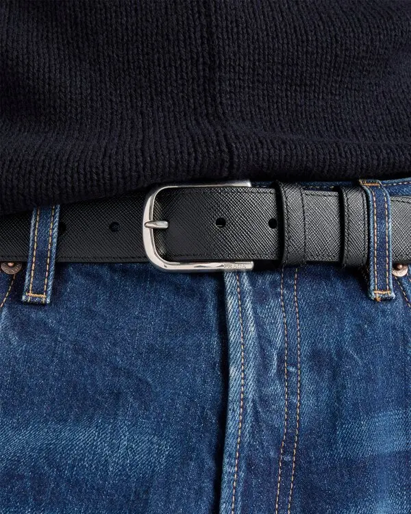 Prada Saffiano Leather Belt With Engraved Logo Buckle - Black