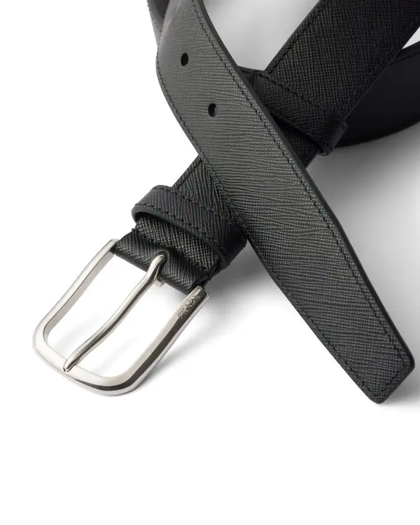 Prada Saffiano Leather Belt With Engraved Logo Buckle - Black