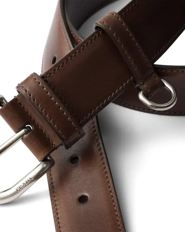 Prada Antiqued Leather Belt With Engraved Buckle