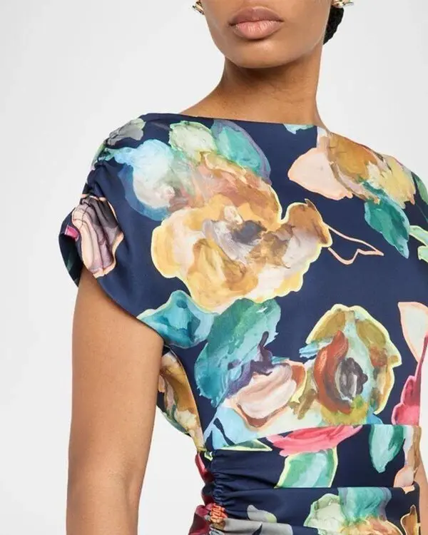 Lela Rose Floral Print Ruched Crepe Midi Dress - Multi