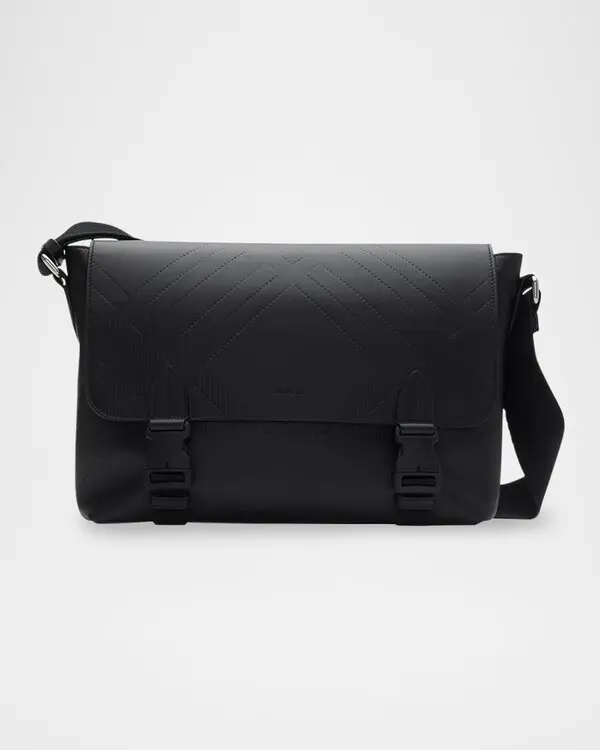 Burberry Check Embossed Leather Messenger Bag - Black