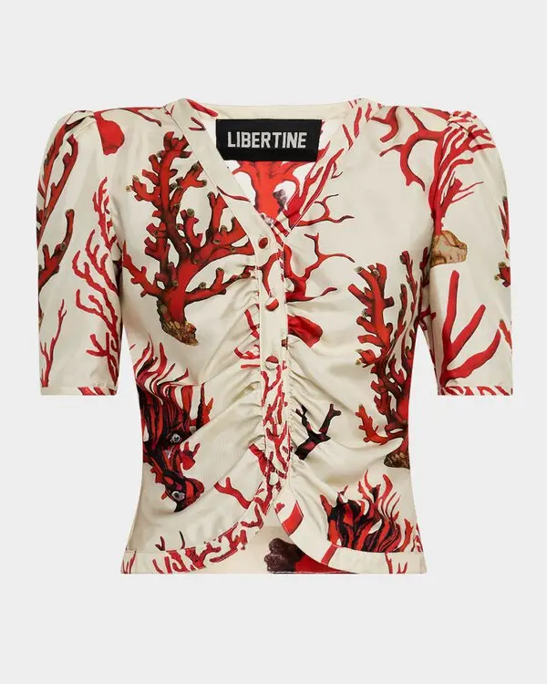 Libertine Monaco Coral-print Silk Top - Cremu