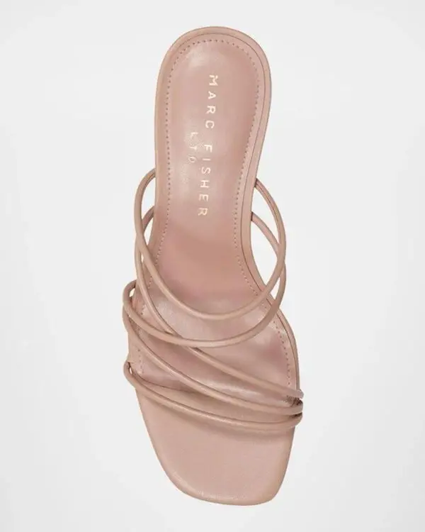 Marc Fisher Banna Strappy Leather Kitten Heel Slide Sandals - Tan