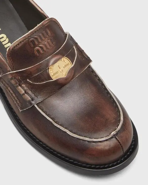 Miu Miu Leather Penny Loafers - Ebano