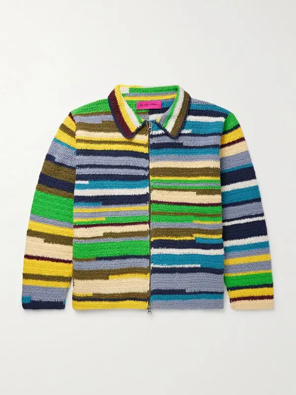 THE ELDER STATESMAN Striped Crocheted Organic Cotton Jacket - Green