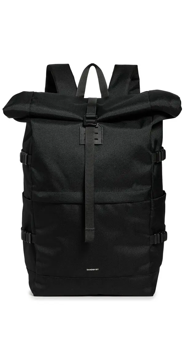 SANDQVIST Icon Large Rolltop Backpack - Black With Black Leather