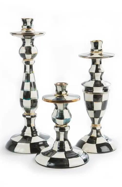 MACKENZIE-CHILDS Courtly Check Large Enameled Steel Candleholder - Black/ White