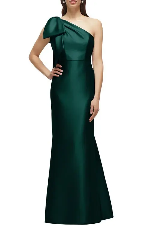 Alfred Sung Bow One-shoulder Satin Twill Mermaid Gown - Evergreen