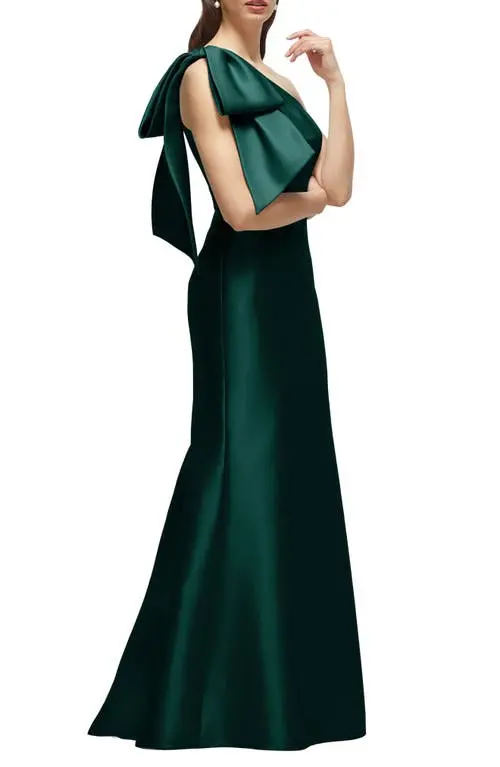 Alfred Sung Bow One-shoulder Satin Twill Mermaid Gown - Evergreen