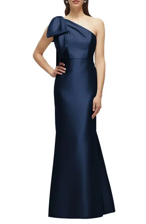 Alfred Sung Bow One-shoulder Satin Twill Mermaid Gown - Midnight