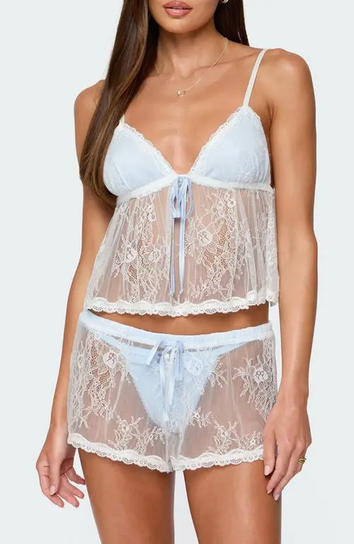 EDIKTED Laina Contrast Sheer Lace Babydoll Top - Blue-and-white