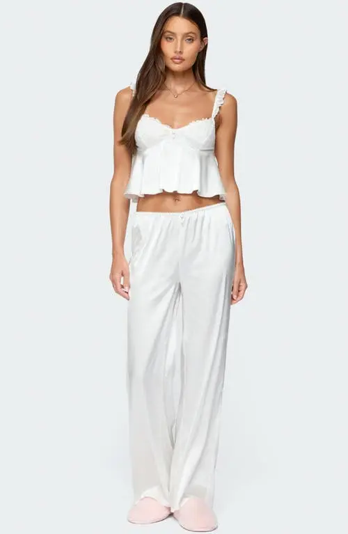 EDIKTED Izabella Satin Effect Wide Leg Pants - White