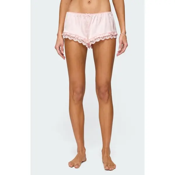 EDIKTED Clair Ruffle & Lace Satin Shorts