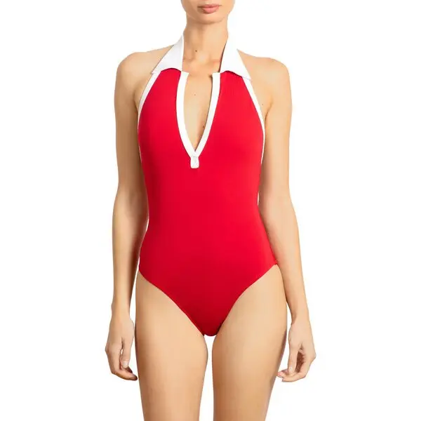 Robin Piccone Tierna Collared One-piece Swimsuit - Peony/ White