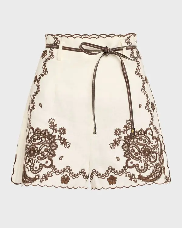 Zimmermann Ascension Embroidered Linen Shorts - Ivory Chocolate