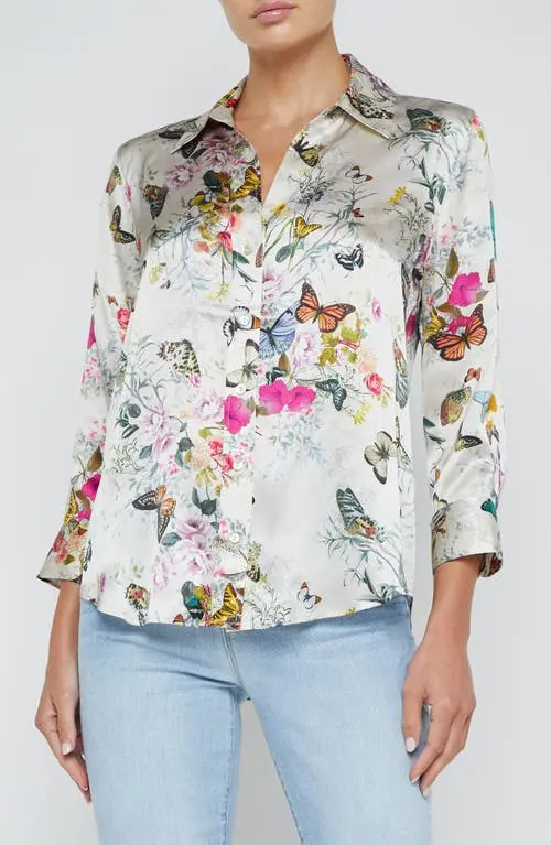 L'Agence Dani Butterfly Print Silk Shirt - White Multi Charonda Butterfly