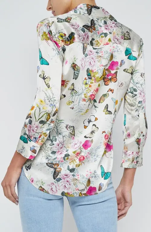 L'Agence Dani Butterfly Print Silk Shirt - White Multi Charonda Butterfly
