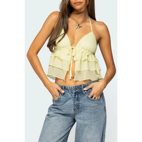 EDIKTED Split Front Ruffle Top - Yellow