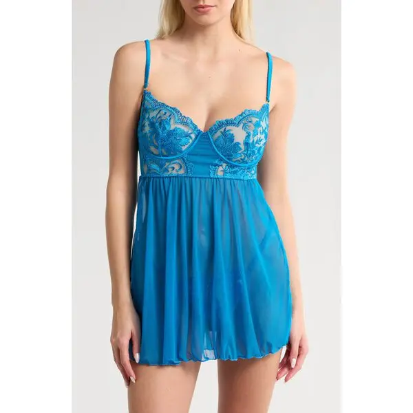 KILO BRAVA Embroidered Underwire Babydoll Chemise - Blue