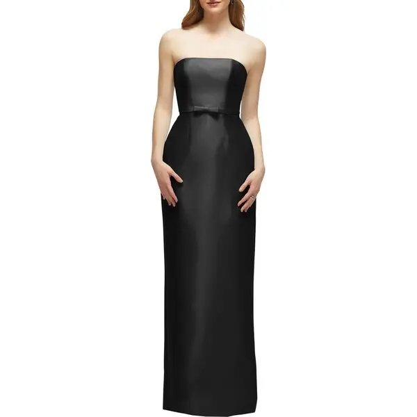 Alfred Sung Strapless Bow Belt Satin Twill Column Gown - Black