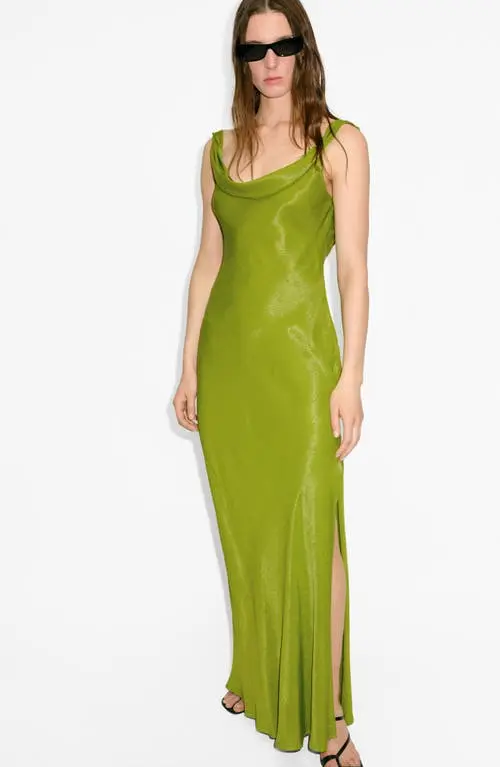 mango green silk dress Mango drape detail satin half sleeve maxi dress in green