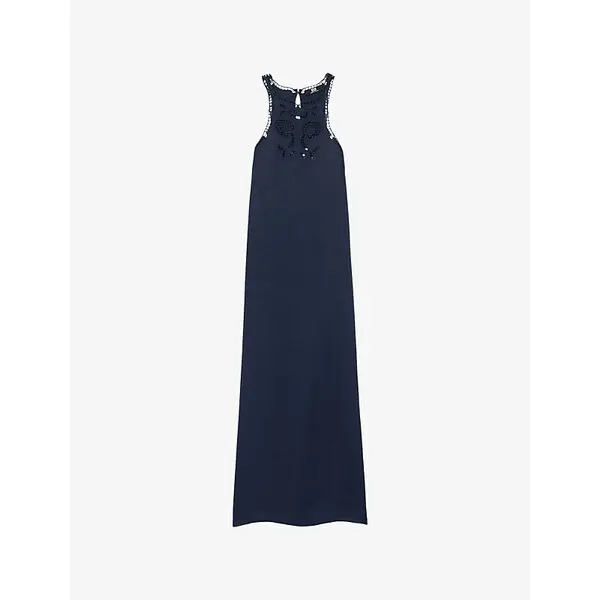 Reiss Cut-Out Embroidered Satin Slip Midi Dress In Navy - 49% Off |  Editorialist