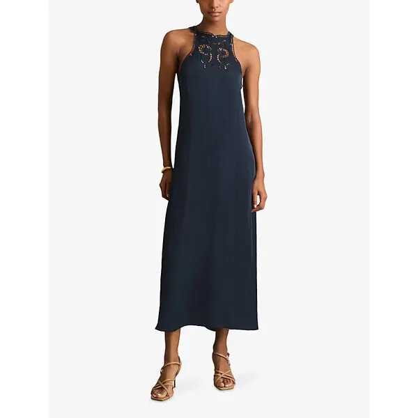 Reiss Cut-Out Embroidered Satin Slip Midi Dress In Navy - 49% Off