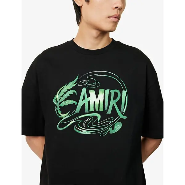 Amiri Leaf-print Crewneck Cotton-jersey T-shirt Xxl - Black