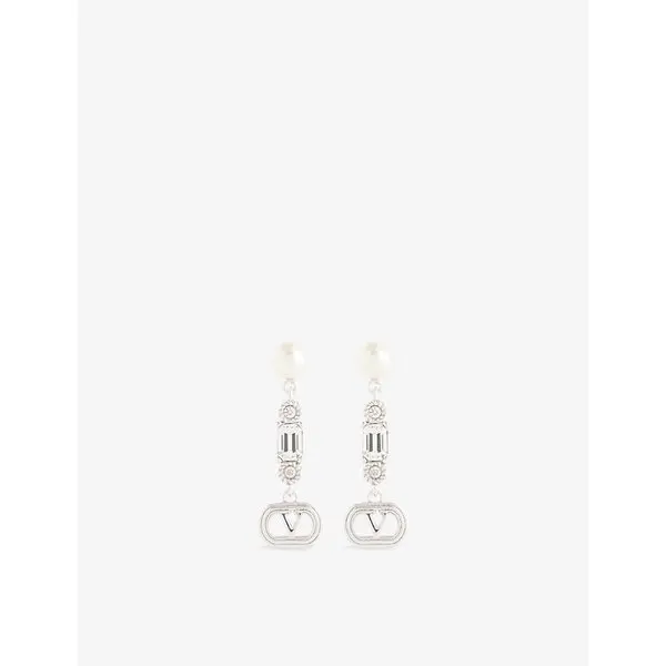 Valentino Garavani Ovalette Metal, Pearl And Crystal Drop Earrings - Rhodium/cream/crystal