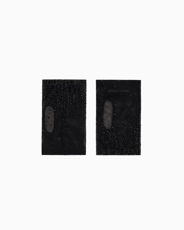 Giorgio Armani Short Tulle Sleeves With Rhinestone Embroidery - Black