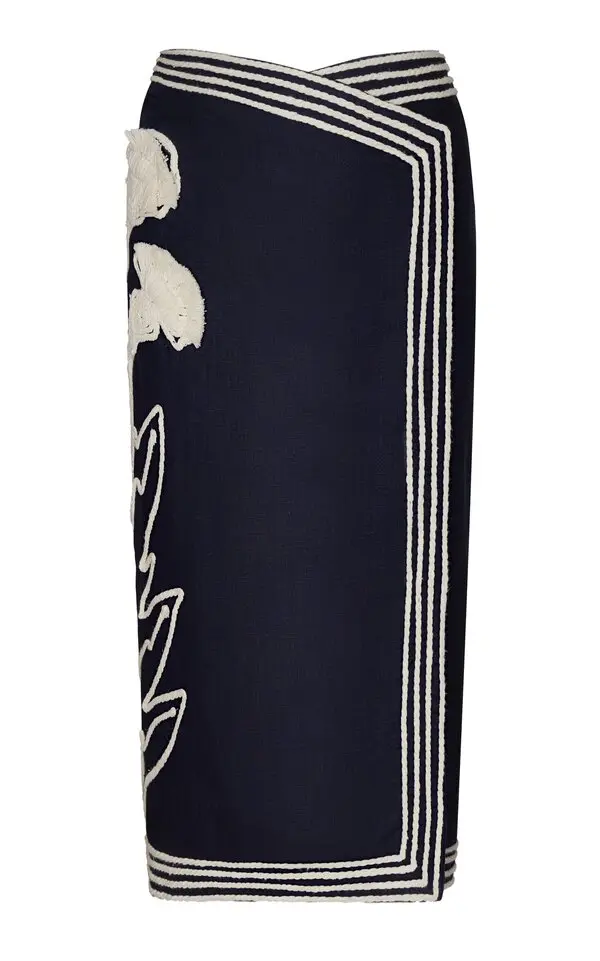 ANDRES OTALORA De Tropico Embroidered Linen Midi Skirt - Navy