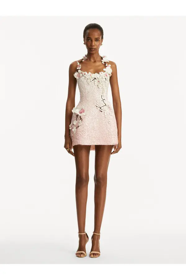 sachin and babi light blue dress Oscar De La Renta Cherry Blossom Sequin Mini Cocktail Dress - Floral