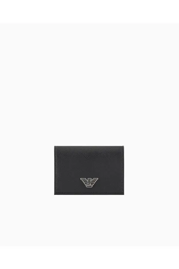 Emporio Armani Asv Regenerated Saffiano Leather Card Holder With Flap And Eagle Plate - Black