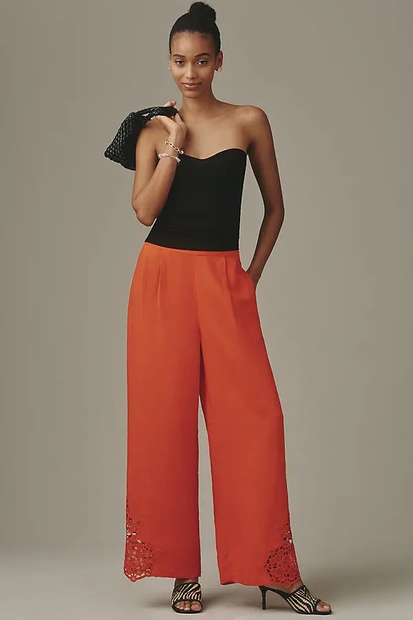RANNA GILL Linen Blend Embroidered Wide-leg Pants