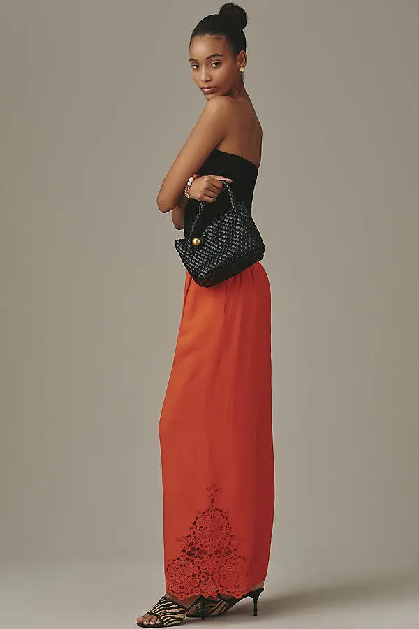 RANNA GILL Linen Blend Embroidered Wide-leg Pants