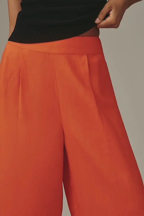 RANNA GILL Linen Blend Embroidered Wide-leg Pants
