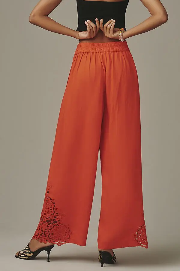 RANNA GILL Linen Blend Embroidered Wide-leg Pants