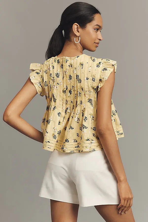 PILCRO Pleated Short-sleeve Top - Ivory Pattern