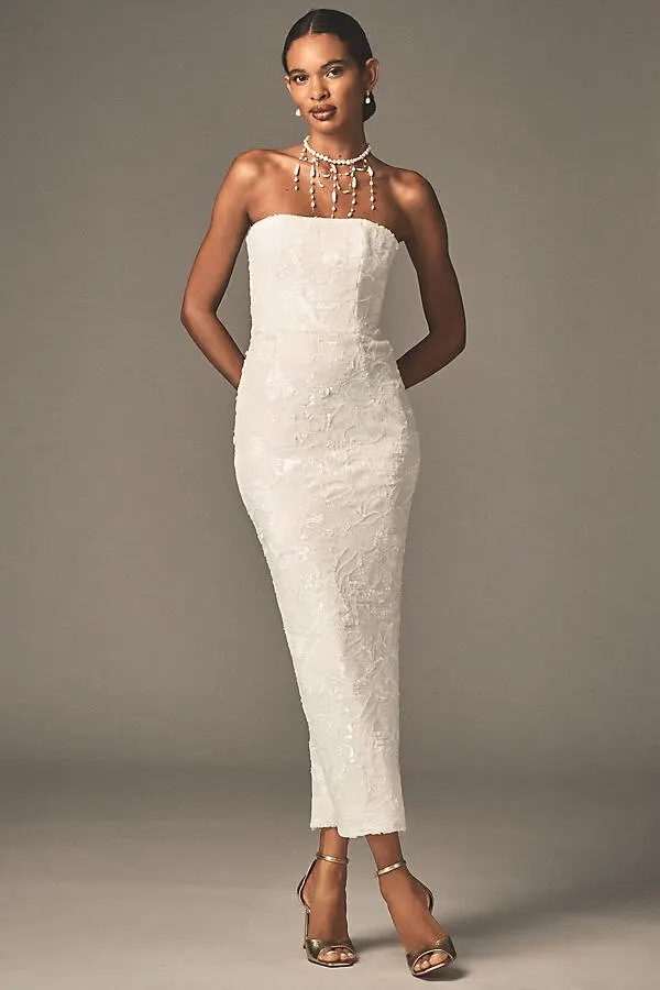 HELSI Leslie Strapless Sequin Lace Column Midi Dress - White